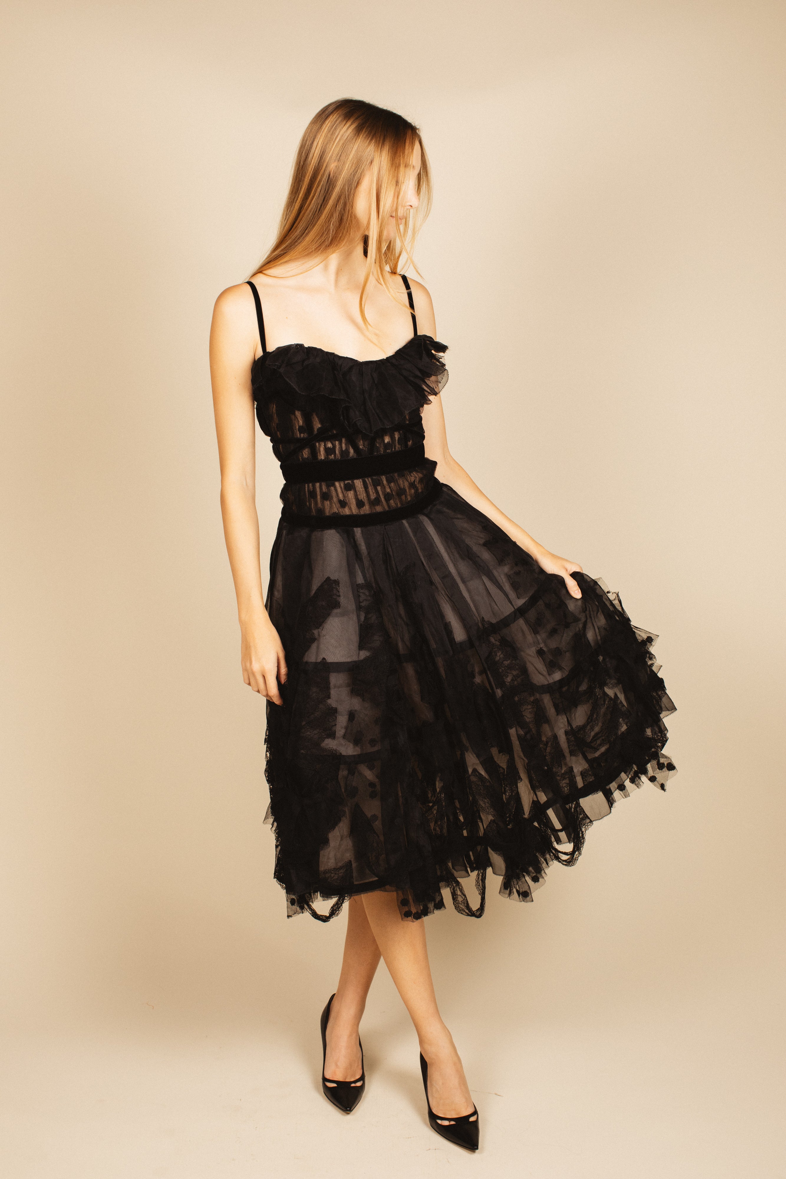 Nina Ricci Black Ruffle Tulle Midi Dress – My Store